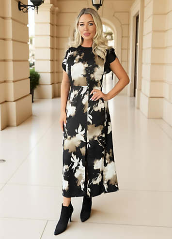 AX Paris Black Abstract Print Flutter Sleeve Midi Dress | Freemans