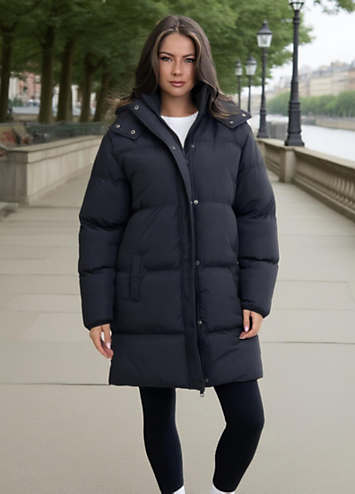 AX Paris Black Hooded Longline Puffer Coat | Freemans