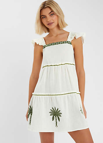 Accessorize Palm Embroidered Frilly Mini Dress | Freemans