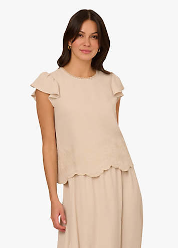 Adrianna Papell Scalloped Crew Neck Swingy Airflow Flutter Sleeve Cut ...