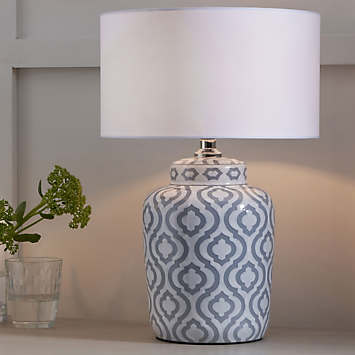 Celia Grey & White Pattern Ceramic Table Lamp with Harry 30cm Ivory ...