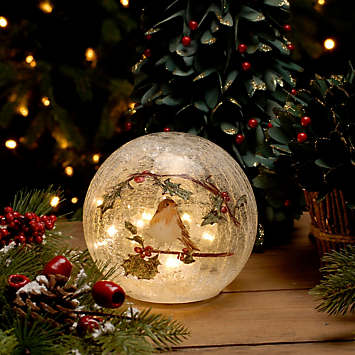 Festive 15cm LED Light Up Crackle Effect Robin Design Glass Ball | Freemans