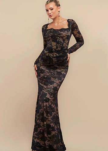 Goddiva Scalloped Lace Corset Bodice Maxi Dress | Freemans