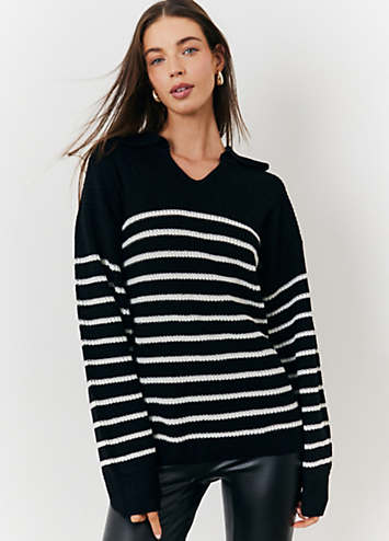 In The Style x Black Stripe Collared Knit Jumper | Freemans