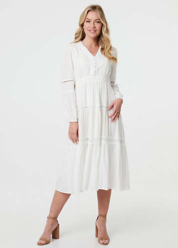 Izabel London Lace Trim Long Sleeve Tiered Midi Dress | Freemans