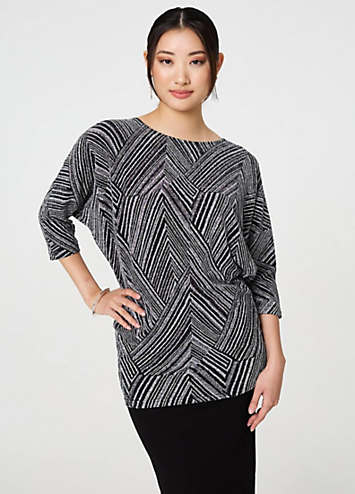 Izabel London Silver Striped Metallic Three-Quarter Batwing Sleeve Top ...