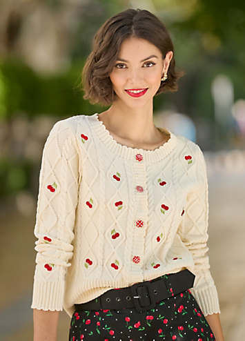 Joe Browns Cherry Embroidered Cable Knit Cardigan | Freemans
