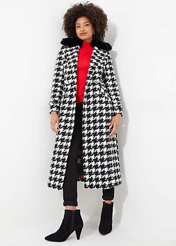 Joe Browns Detachable Faux Fur Collar Dogtooth Check Maxi Coat | Freemans