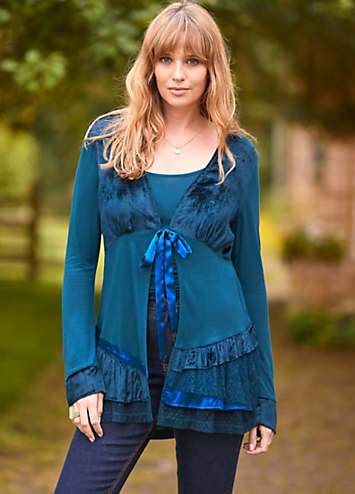 Joe Browns Velour Longline Tie Front Layered Frilly Top | Freemans