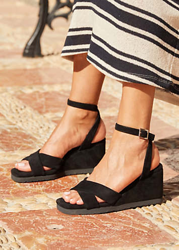 Linzi Imogen - Black Faux Suede Covered Crossover Wedge Sandals | Freemans