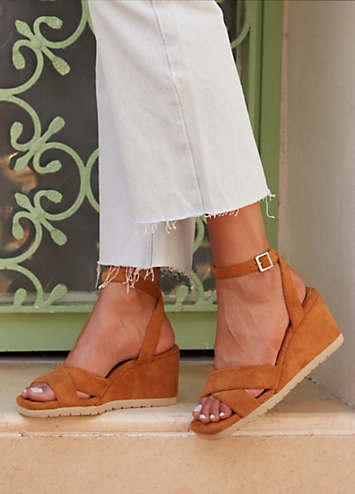 Linzi Imogen - Tan Faux Suede Covered Crossover Wedge Sandals | Freemans