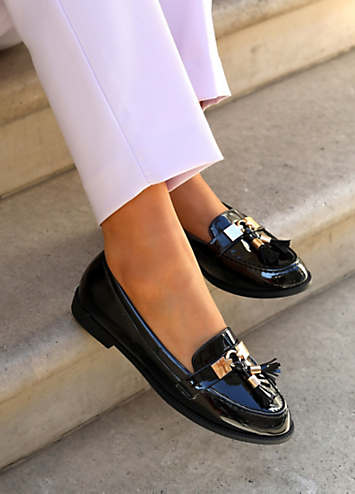 Linzi Tonia - Black Patent Classic Loafers with Gold Bar & Tassel ...