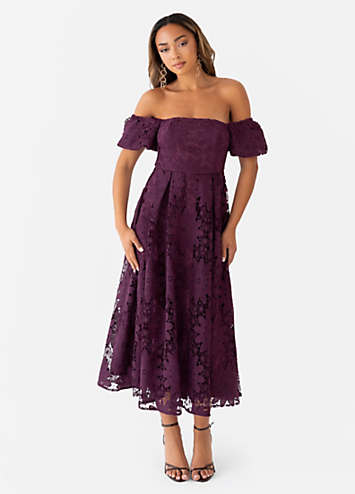 Maya Deluxe Maya Plum Bardot Puff Short Sleeve Lace Midi Dress | Freemans