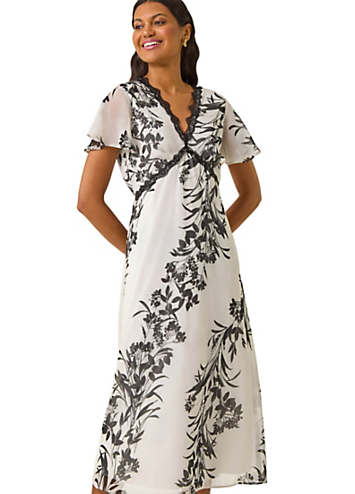 Roman Lace Trim V-Neck Chiffon Midi Dress | Freemans