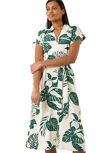 Roman Leaf Print Belted Shirt Midi Dress | Freemans