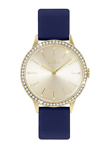 Spirit Ladies Gold Plated Navy Leather Strap Watch | Freemans