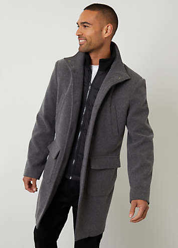 Threadbare Charcoal Faux Wool Mock Layer Longline Utility Coat | Freemans