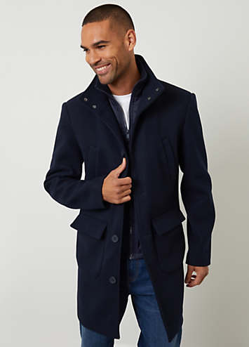 Threadbare Navy Faux Wool Mock Layer Longline Utility Coat | Freemans