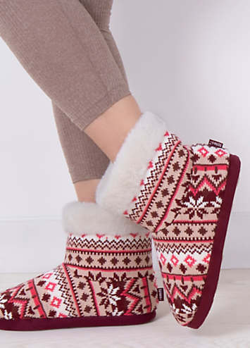 Totes Ladies Fair Isle Knit Boot Slippers With Faux Fur Cuff | Freemans