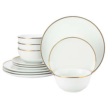 Waterside Set of 12 Piece Gold Rim Porcelain Dinner Set | Freemans
