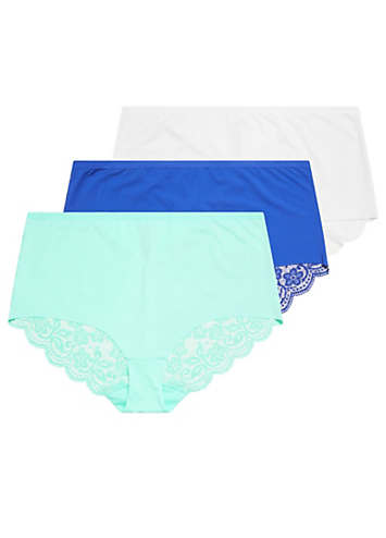 Yours 3 Pack Curve Blue & White Lace Back High Waisted Knickers | Freemans