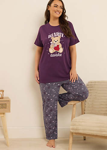 Yours Curve ’Bearly Awake’ Slogan Print Wide Leg Pyjama Set | Freemans