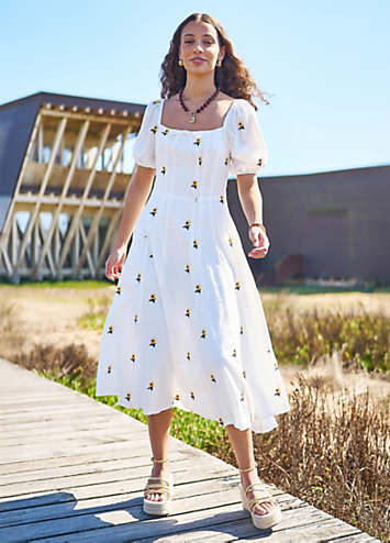 Yumi Cotton Sunflower Embroidered Midi Dress | Freemans