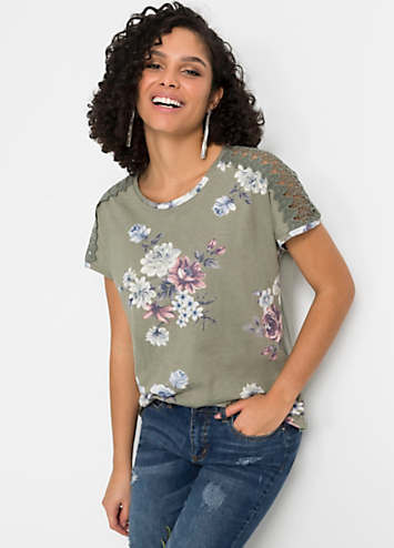 bonprix Lace Trim Floral Print T-Shirt | Freemans