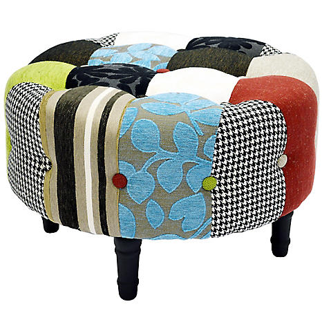 Patchwork Round Pouffe Stool with Wooden Legs Freemans