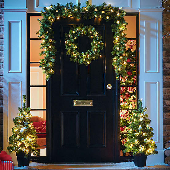 4 Piece Christmas Porch Set - 2 x 2ft 9in Trees, Garland & Wreath ...
