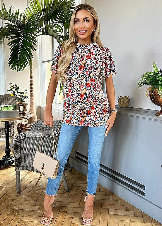 AX Paris Multi Floral Print Frill Neck Top | Freemans