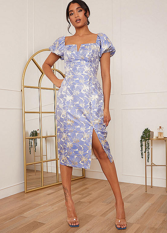 Chi Chi London Short Puff Sleeve Jacquard Midi Dress In Blue Freemans