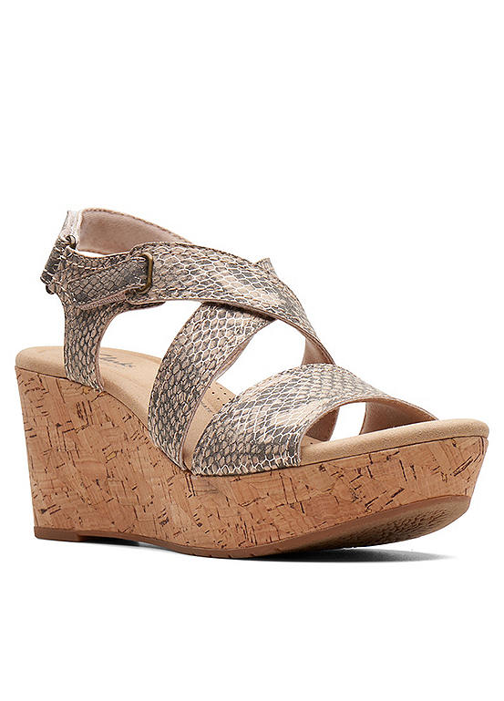 Clarks Collection Rose Way Beige Metallic Wedge Sandals | Freemans