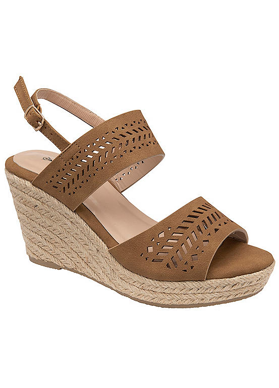 Dunlop Cece Tan Double Strap Cut Out Wedges | Freemans