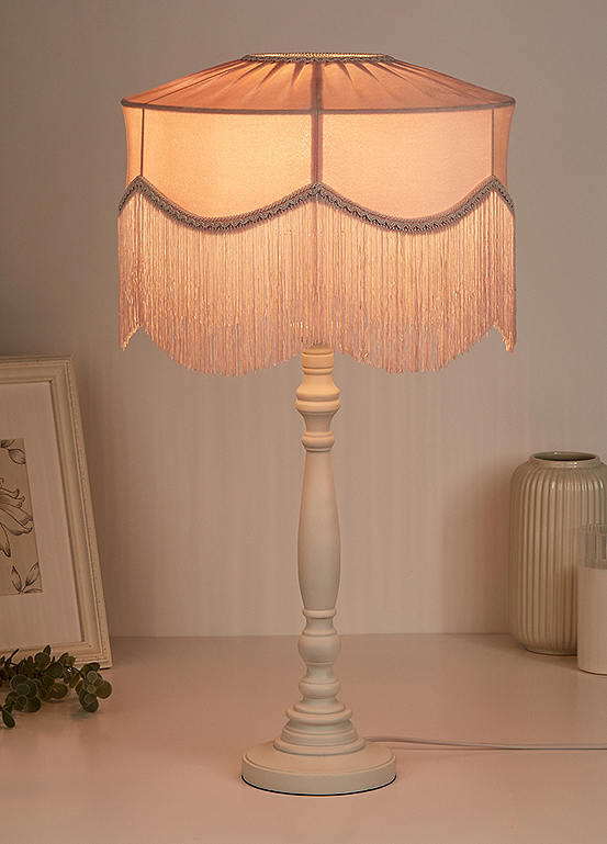 Freemans Blush Fringe Cream Spindle Base Table Lamp | Freemans