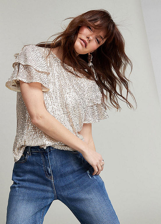 Freemans Champagne Sequin Frill Sleeve Top | Freemans