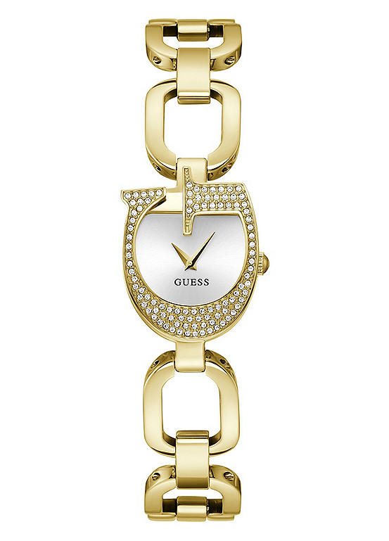 Guess Ladies Gold Logo Case with Crystals - Sunray Silver Dial Bracelet ...