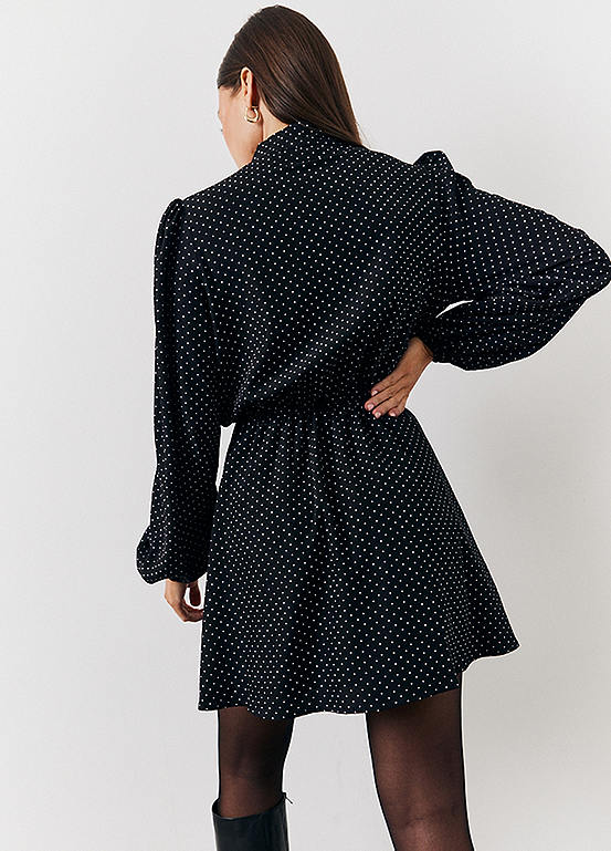 In The Style Black Polka Dot Mini Dress With Tie Neck | Freemans