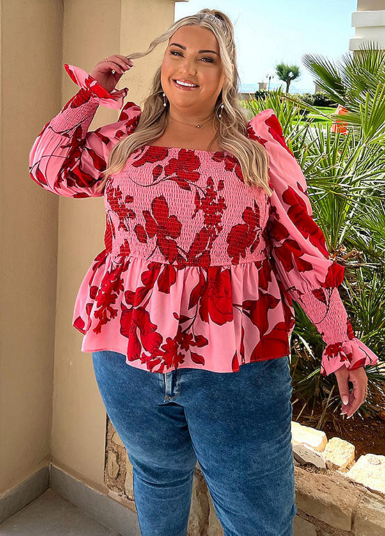 In The Style Jess Millichamp Red Shirred Bodice Longline Blouse | Freemans