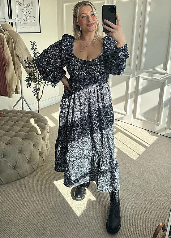 In The Style x Ditsy Floral Tiered Midi Dress with Ruched Bust & Tie ...