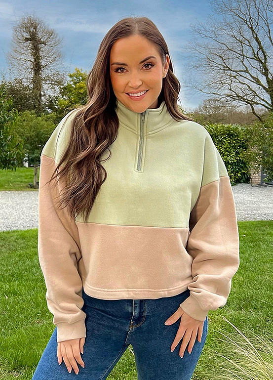 In The Style x Jac Jossa Sage Colourblock Half Zip Sweatshirt | Freemans