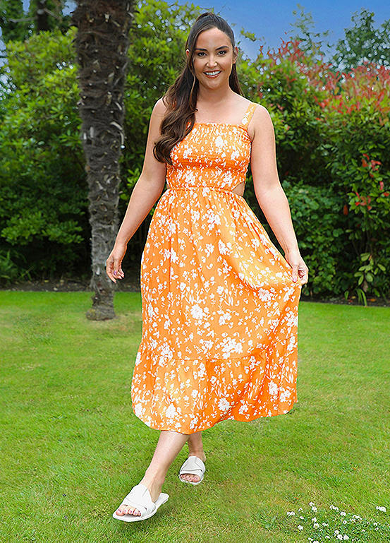 In The Style x Jac Jossa Yellow Shirred Cut-Out Midi Dress | Freemans