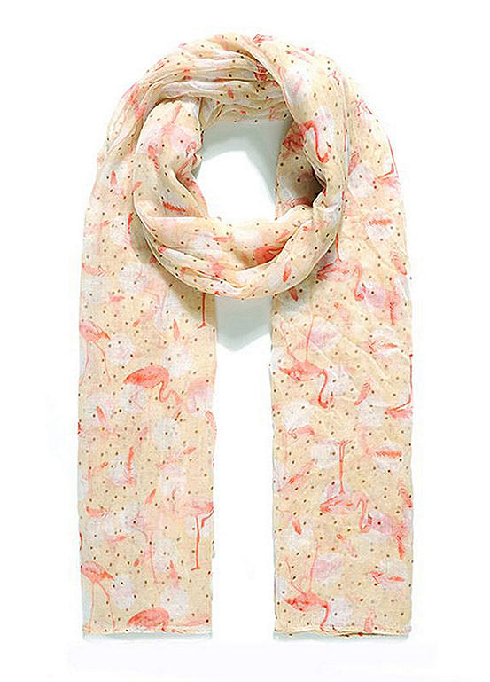 Intrigue Soft Peach All Over Quirky Flamingo Print Scarf | Freemans