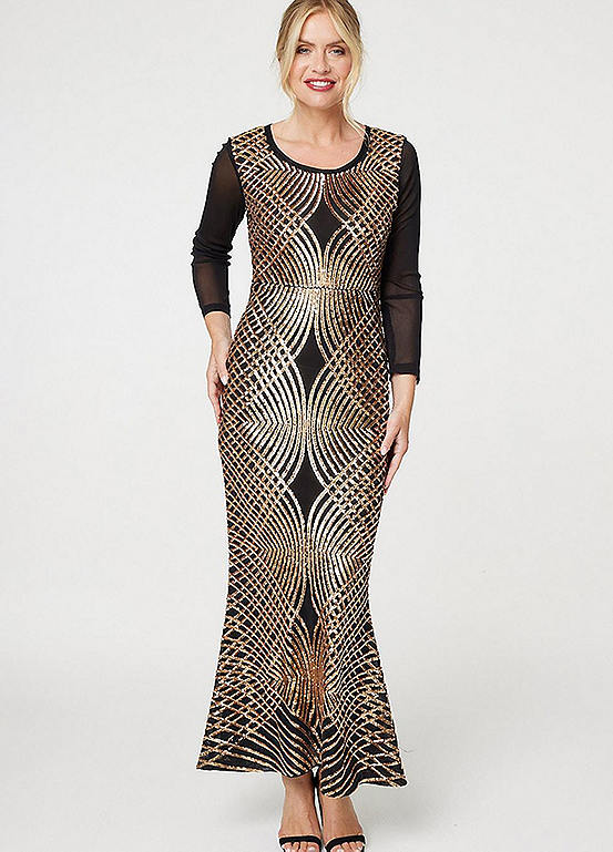 Izabel London Gold Sequin Embellished Semi Sheer Maxi Gown | Freemans