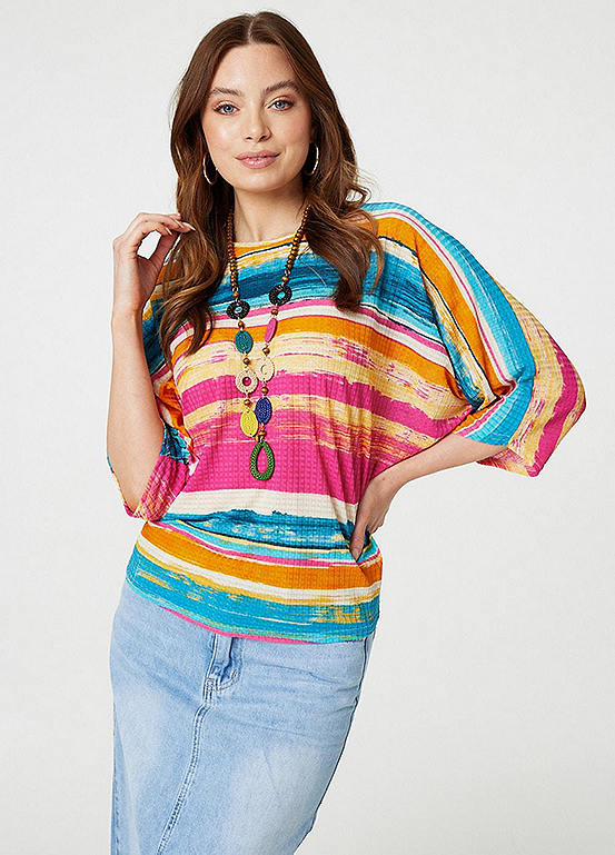 Izabel London Multi Red Striped Batwing Top with Necklace | Freemans