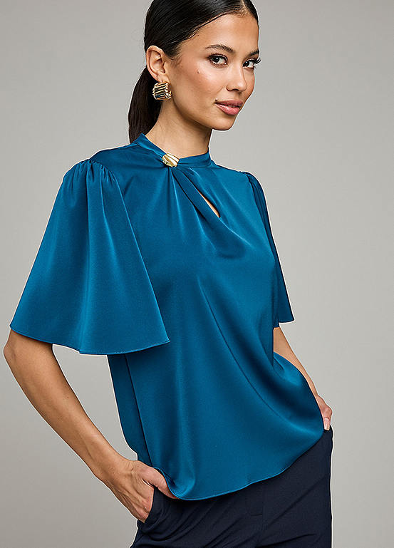 Kaleidoscope Teal Satin Keyhole Blouse | Freemans