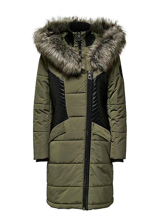 Only Asymmetric Zip Faux Fur Quilted Jacket | Freemans