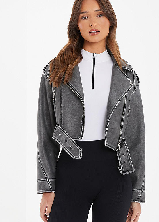 Quiz Grey PU Oversized Biker Jacket | Freemans
