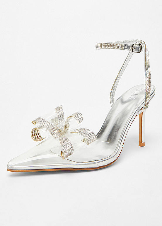 Quiz Silver Clear Diamante Double Bow High Heel Court Shoes | Freemans