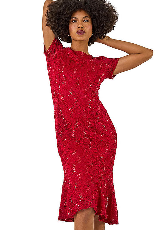 Roman Leaf Lace Sequin Midi Dress | Freemans